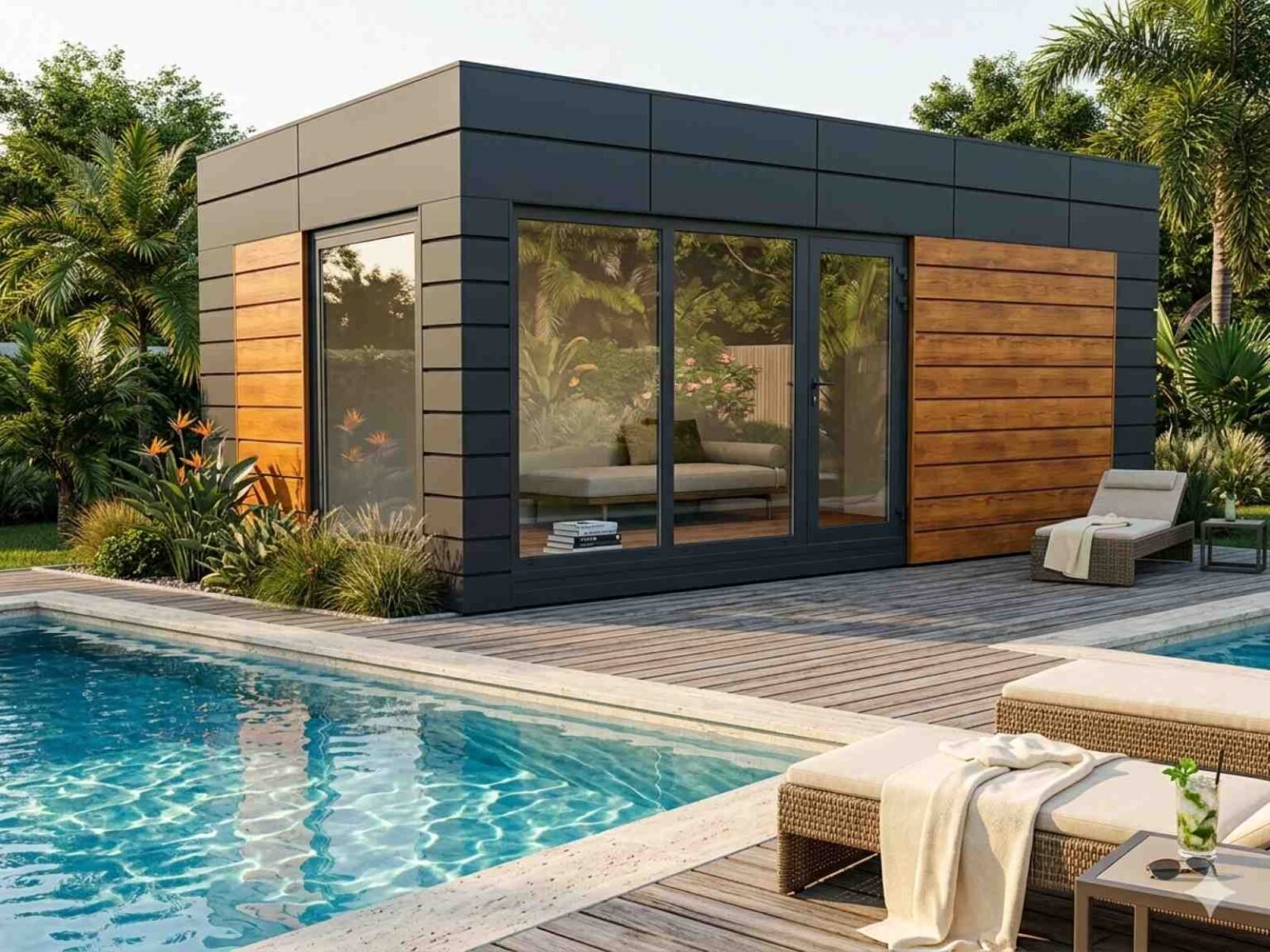 Poolhaus modern kaufen mit Glas Flachdach im Garten