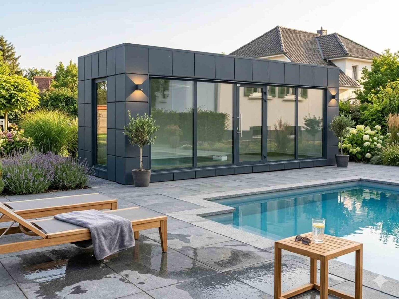 Poolhaus modern kaufen mit Glas Flachdach im Garten